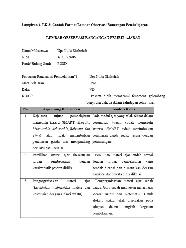 LK 3 - Lembar Observasi Rancangan Dan Perangkat Pembelajaran - Siklus 2 | PDF
