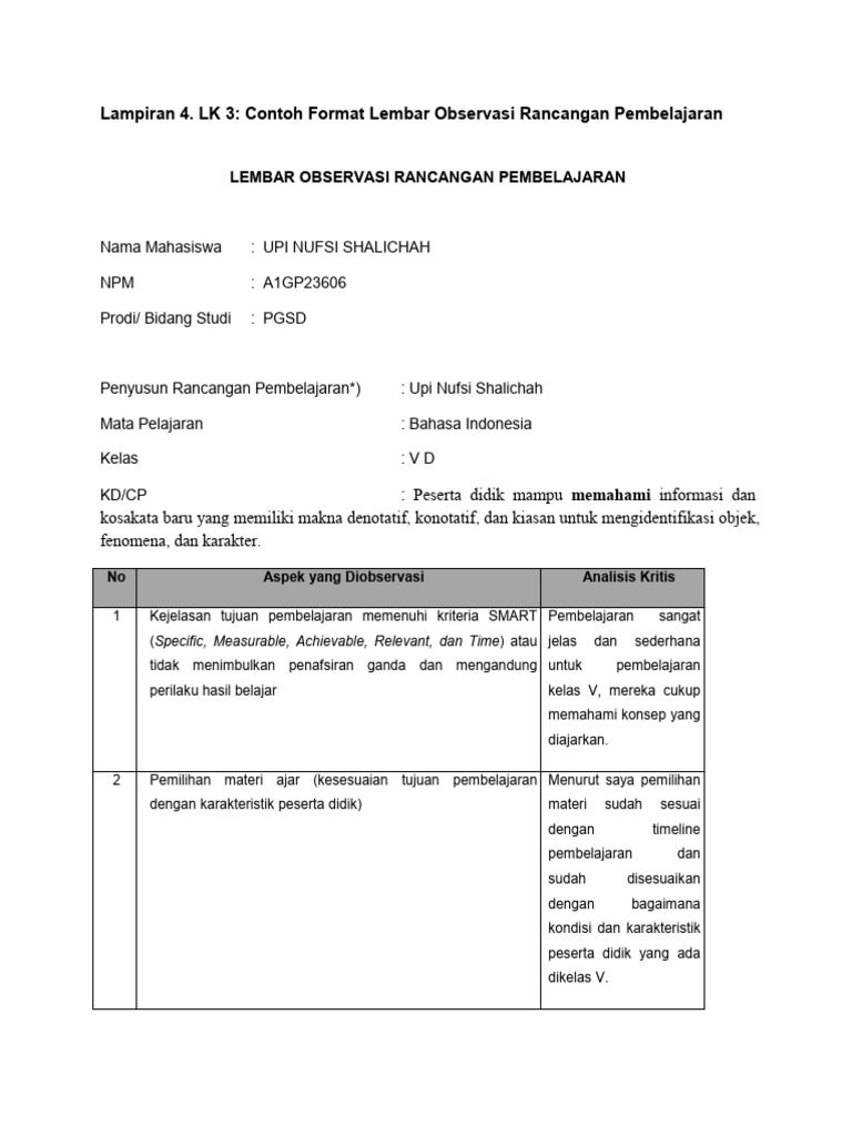 Lembar Observasi rancangan dan perangkat pembelajaran - Siklus 1 | PDF