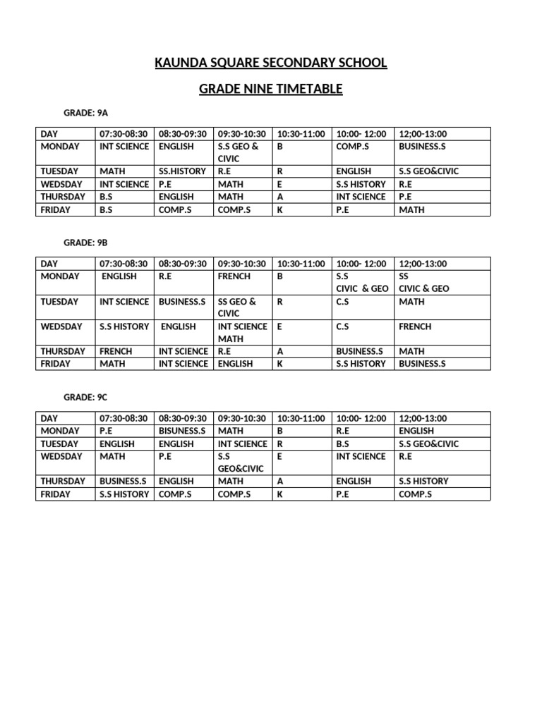 Grade 9 Timetable Overview | PDF