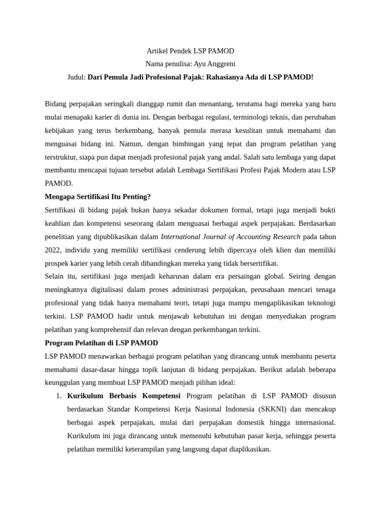 Artikel Pendek LSP PAMOD 1 2025 | PDF