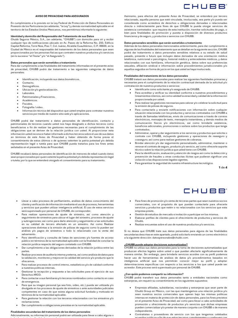 Aviso de Privacidad Asegurados Chubb Seguros Mexico | PDF | Cookie HTTP | Red mundial