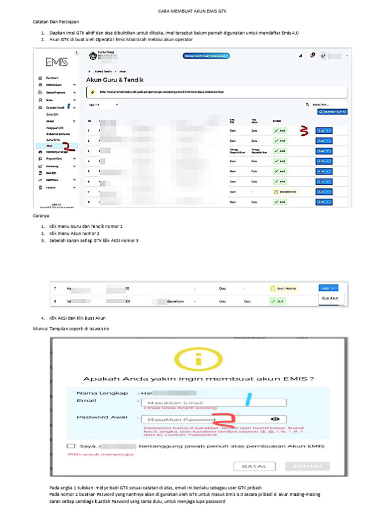 CARA MEMBUAT AKUN EMIS GTK Dan Masuk Serta Mempelajari Menu Di Akun GTK - Ref - 1 | PDF