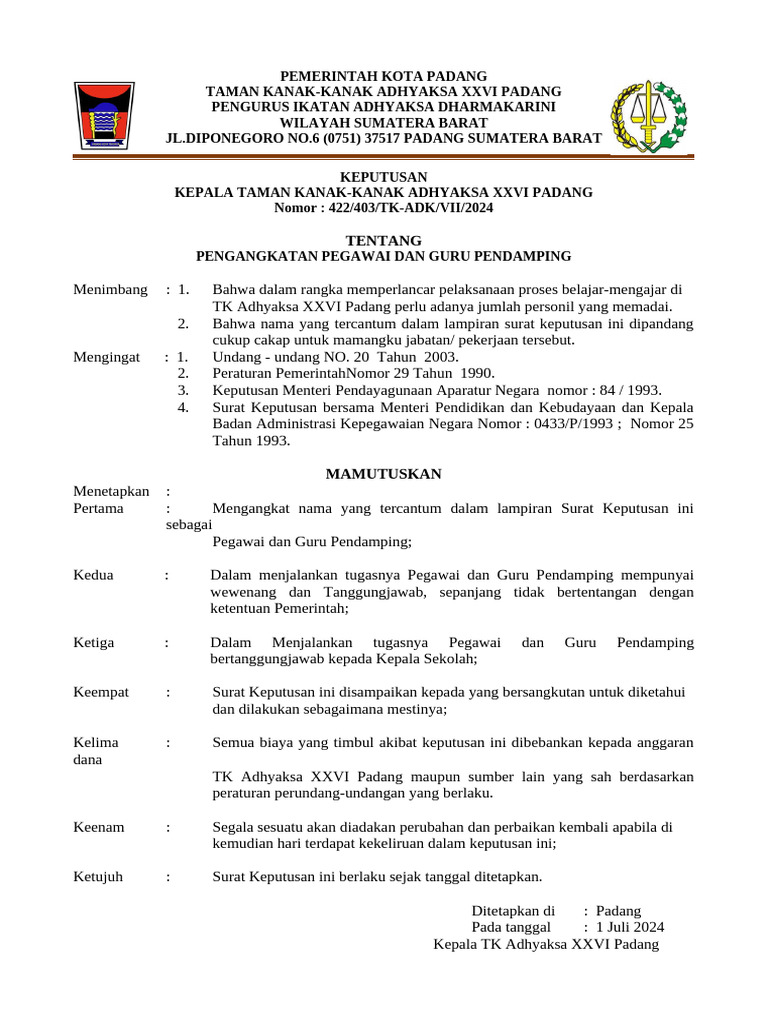 Contoh SK Pengangkatan Guru Honorer Pendidikan - Infoasn.id | PDF