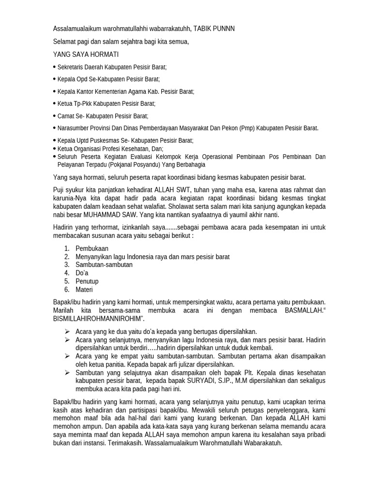 Teks MC Rapat Koordinasi Pesisir Barat | PDF