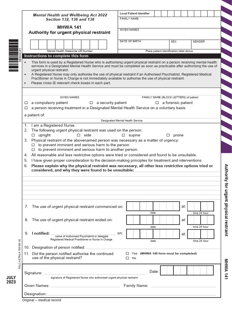 Mhwa Form 141 Authority For Urgent Physical Restraint | PDF ...