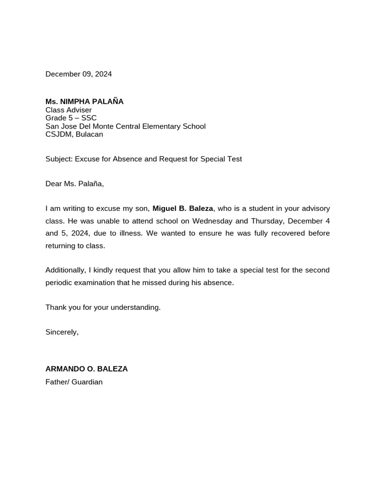 Excuse Letter - Miguel (SJDM Central Elem SCH) | PDF