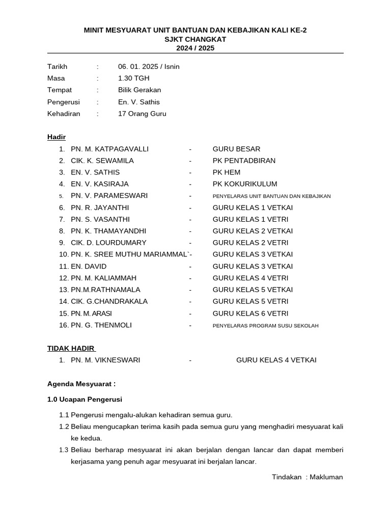 Minit Mesyuarat Unit Bantuan Dan Kebajikan Kali Ke 2 | PDF