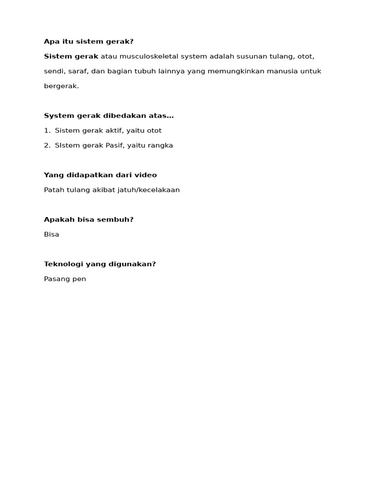 Materi Dan Pertanyaan Sistem Gerak | PDF