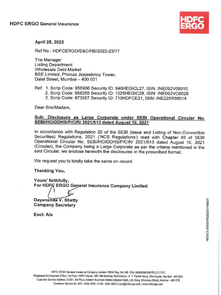 Intimation To Bse Disclosure As Large Corporate Under Sebi Operational ...