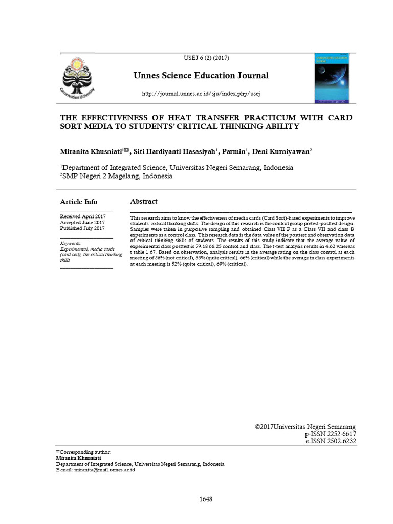 The Effectiveness of Heat Transfer Practicum With Card Sort Media To ...