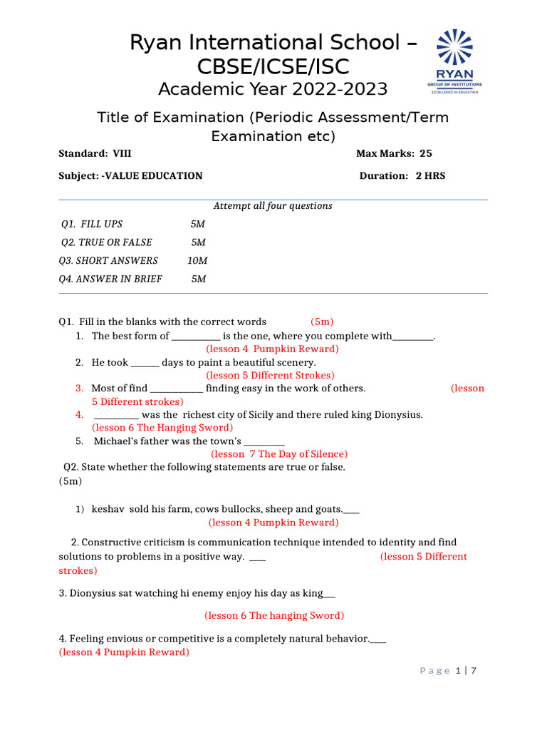 Question Paper Template - CBSE ICSE ISC Ryan (1) (2) Value Ed | PDF