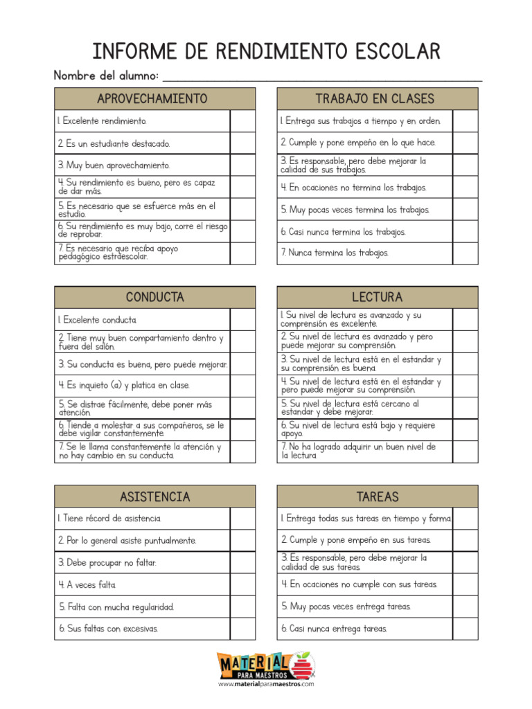 Informe de Rendimiento Escolar | PDF