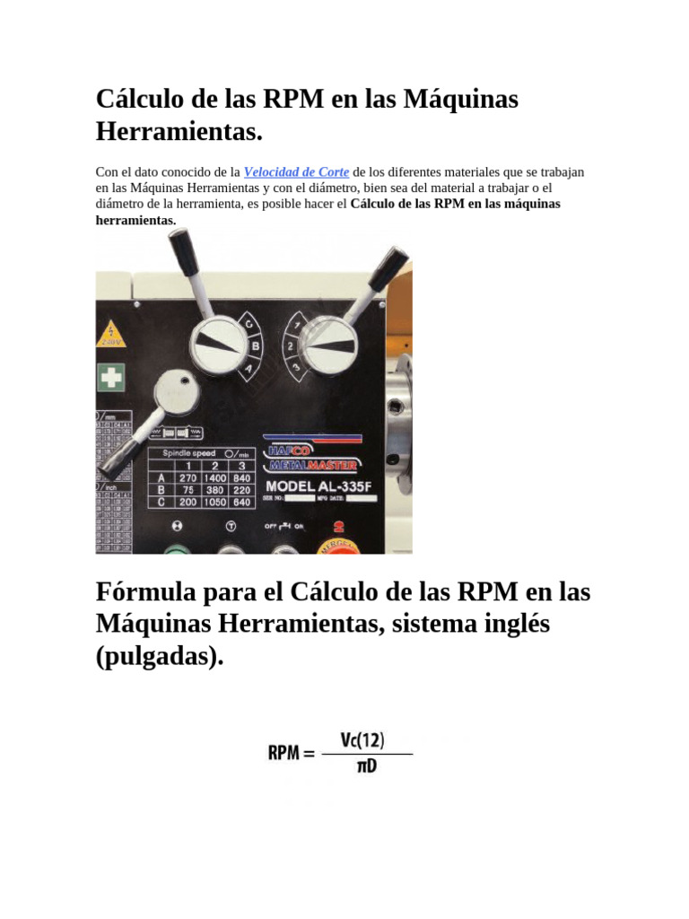 Cálculo de las RPM en las Máquinas Herramientas | PDF