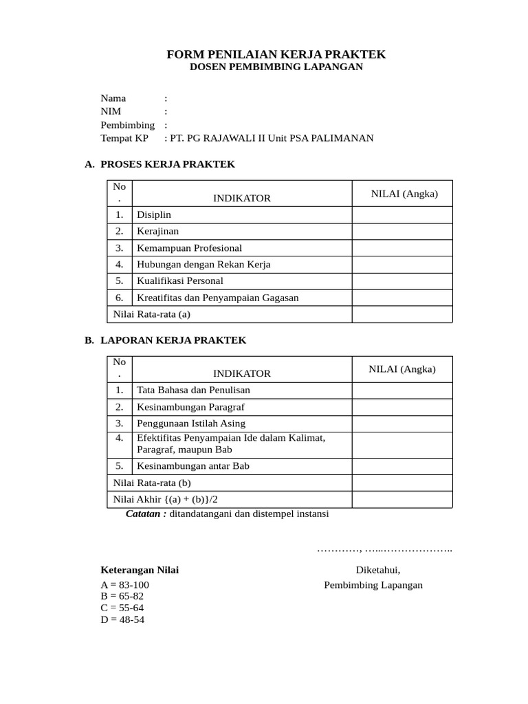 Form Penilaian Kerja Praktek | PDF