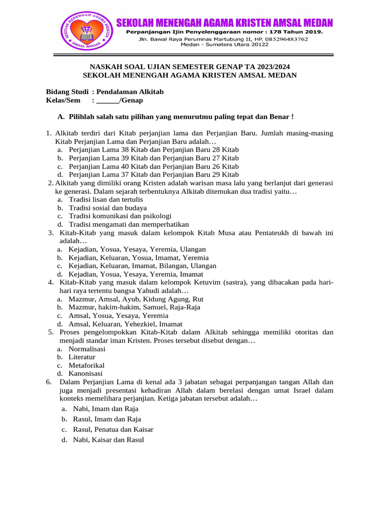 Naskah Soal Pendalaman Alkitab Ujian Semester Genap Ta 2023 | PDF