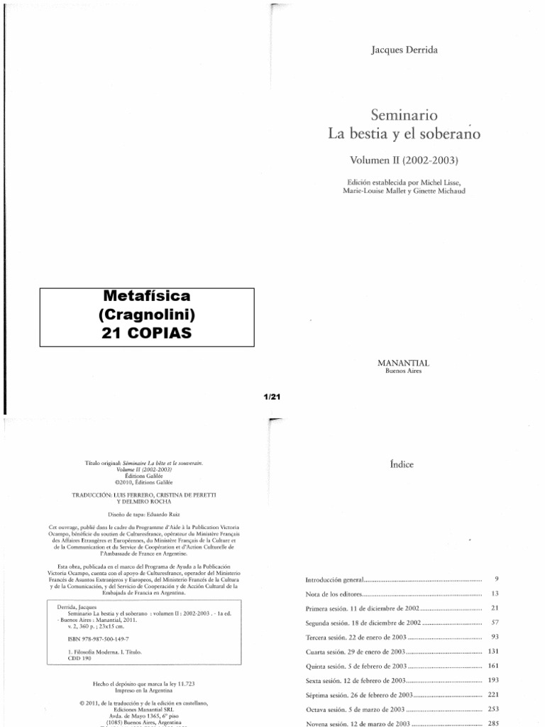 F19 Derrida la bestia y el soberano volumen II primera sesion | PDF
