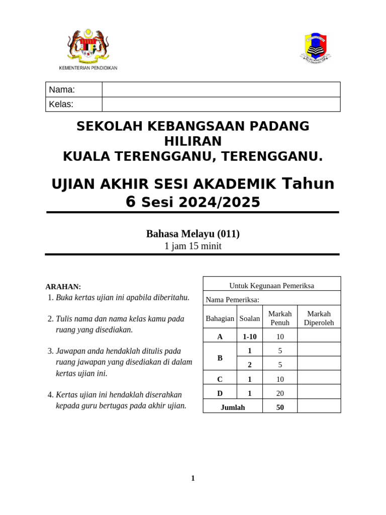 draft instrumen uasa bm th 6 skph | PDF