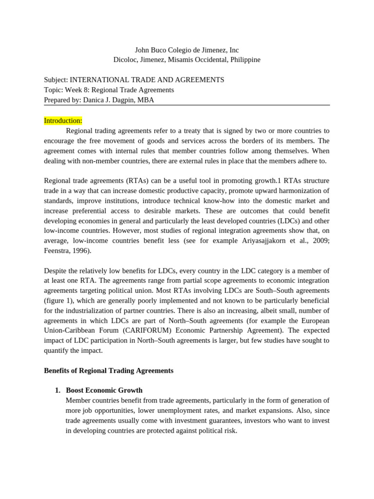 Regional Trade Agreement | PDF | Single Market | Free Trade