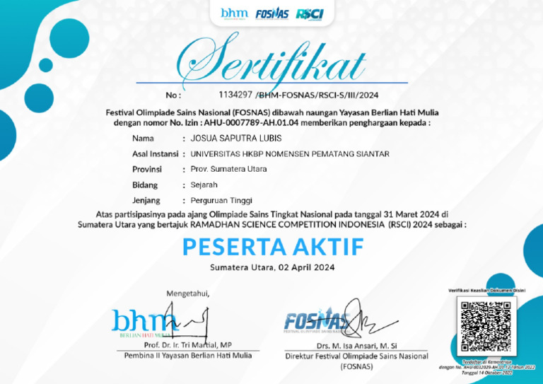 Cert - Sejarah - RSCI 2024 | PDF