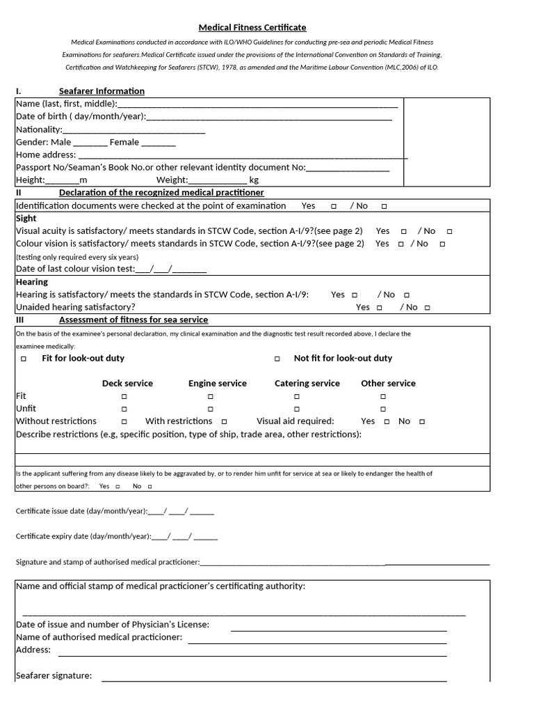 ILO MLC 2006 Medical Form | PDF | Blood Pressure | Clinical Medicine