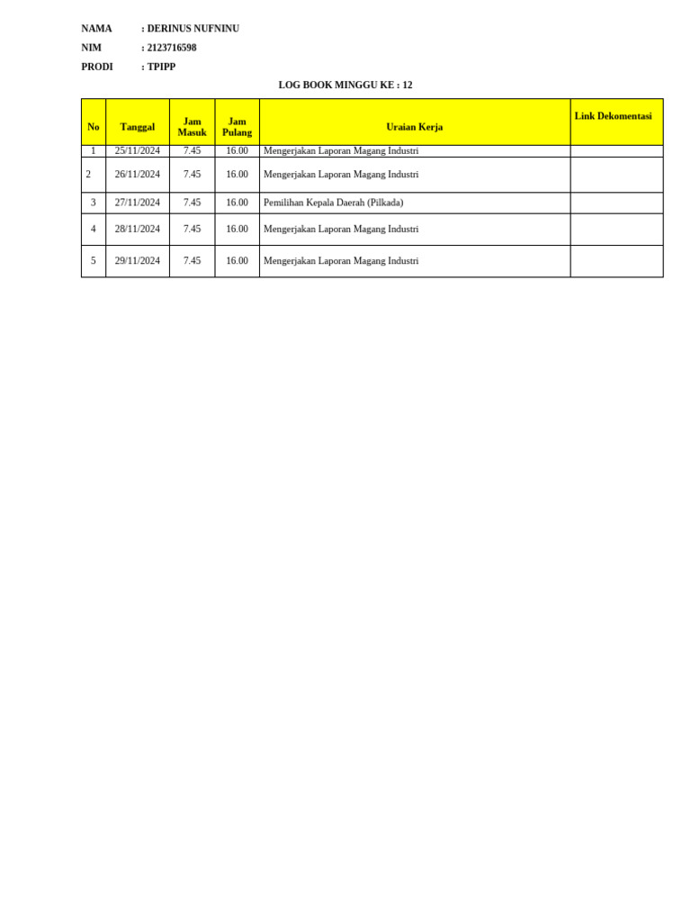 Log Book Magang Derinus Nufninu Week 12 | PDF