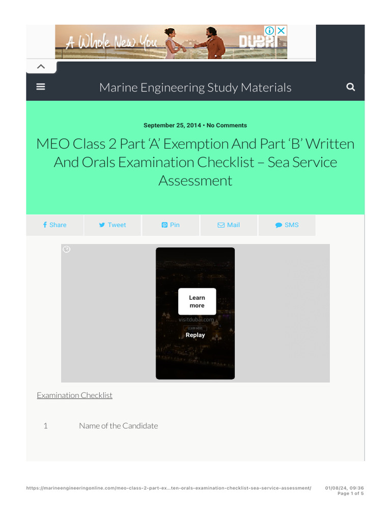 MEO Class 2 Written and Orals Examination Checklist - Sea Service Assessment | PDF