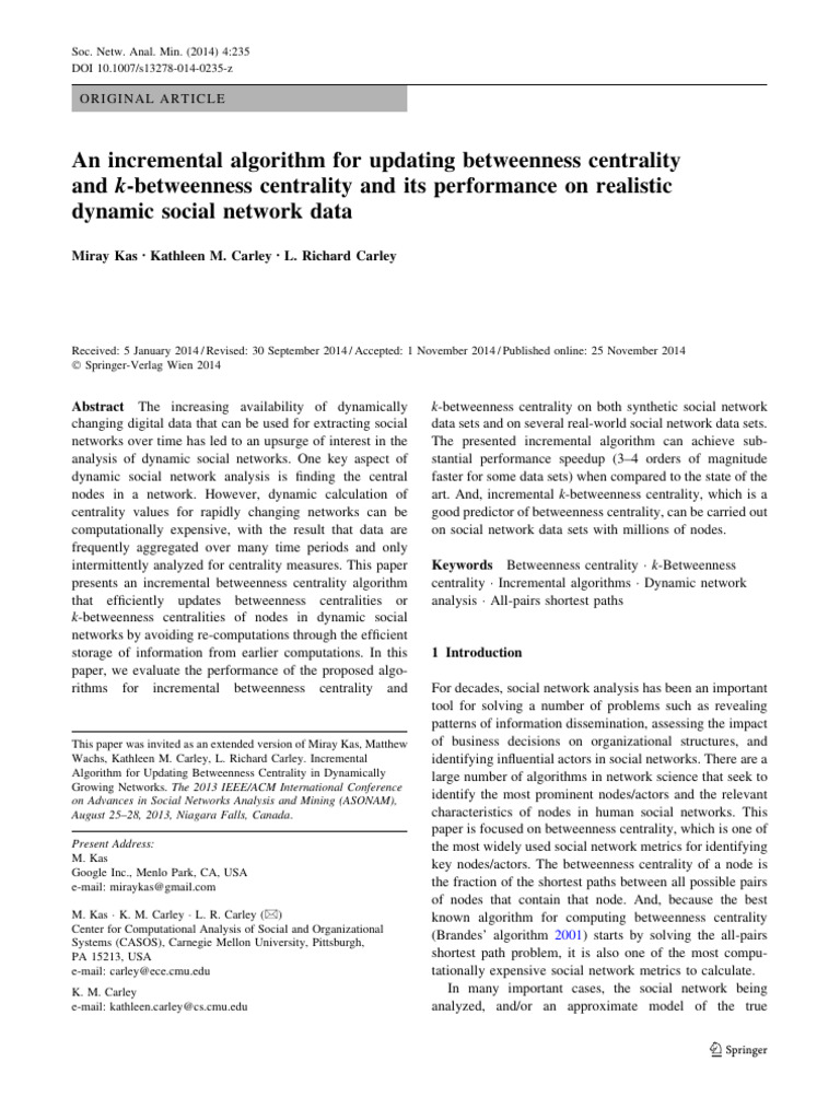 An Incremental Algorithm For Updating Betweenness Centrality And K Betweenness Centrality And