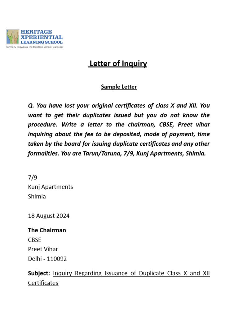 Letter of Inquiry - Sample Letter | PDF
