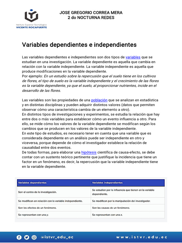 Variables Dependientes e Independientes | PDF | Variables dependientes ...