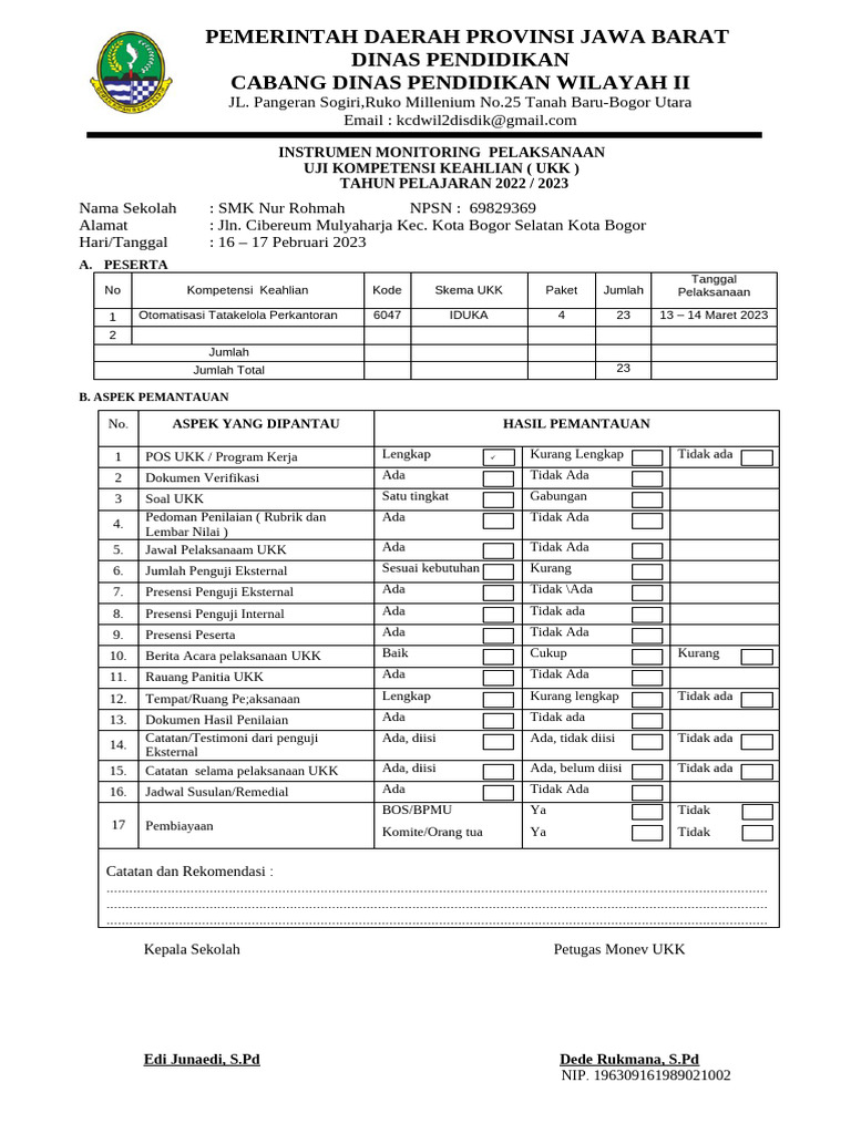 Monitoring UKK SMK Nur Rohmah 2023 | PDF