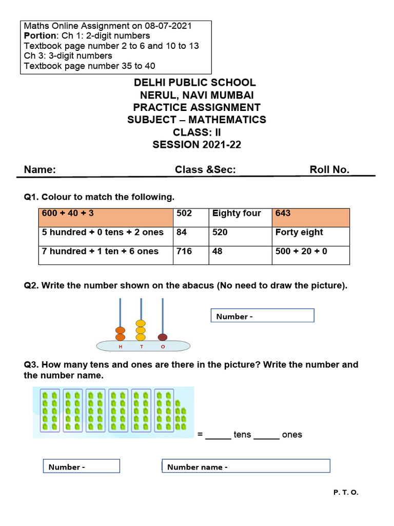 Class 2 Math Practice Assignment | PDF
