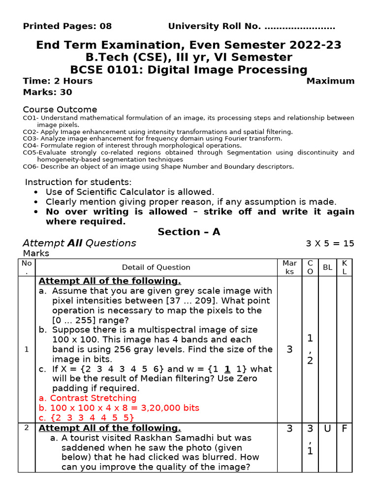 DIP Mid Term 14 - 09 - 23 Solution | PDF | Image Segmentation | Imaging