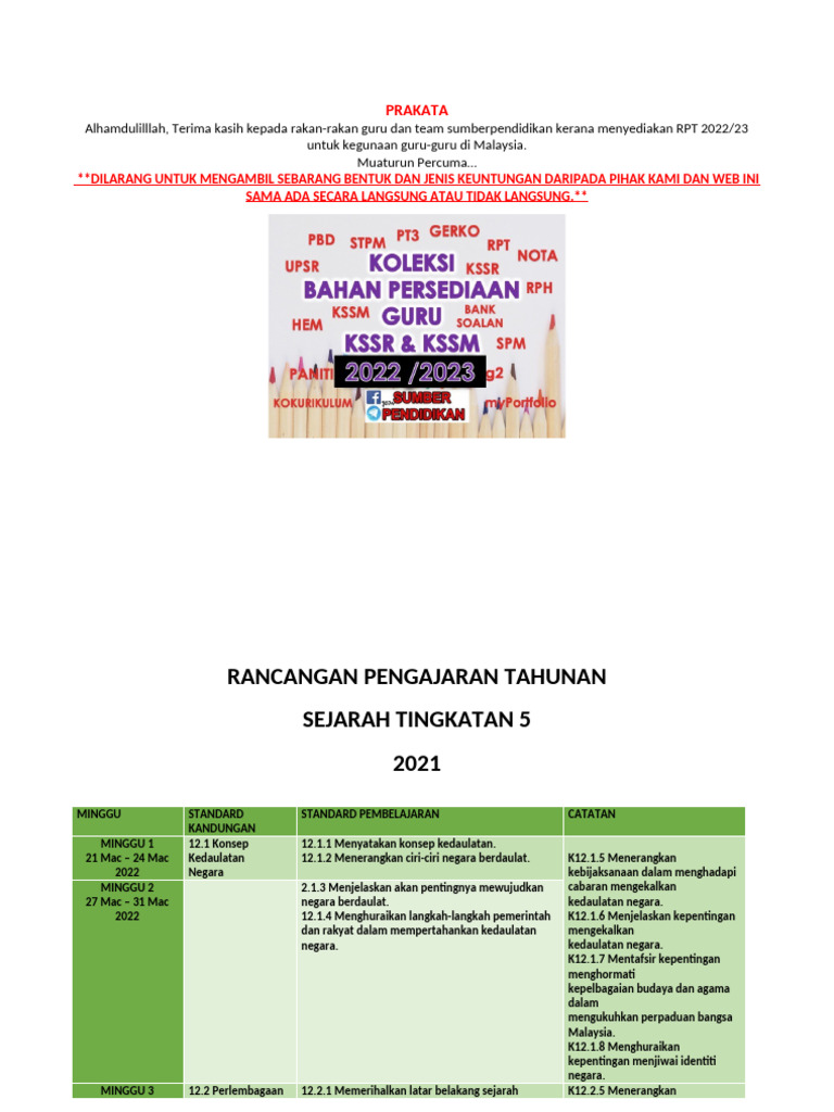 RPT SEJARAH T5 | PDF