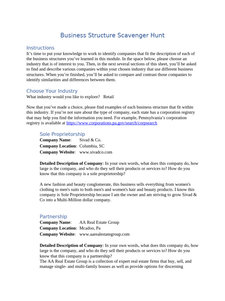 Business Structure Scavenger Hunt | PDF | Business