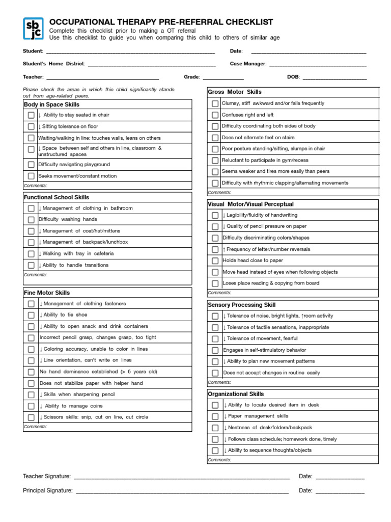 Occupational Therapy Referral Checklist | PDF | Neuroscience ...