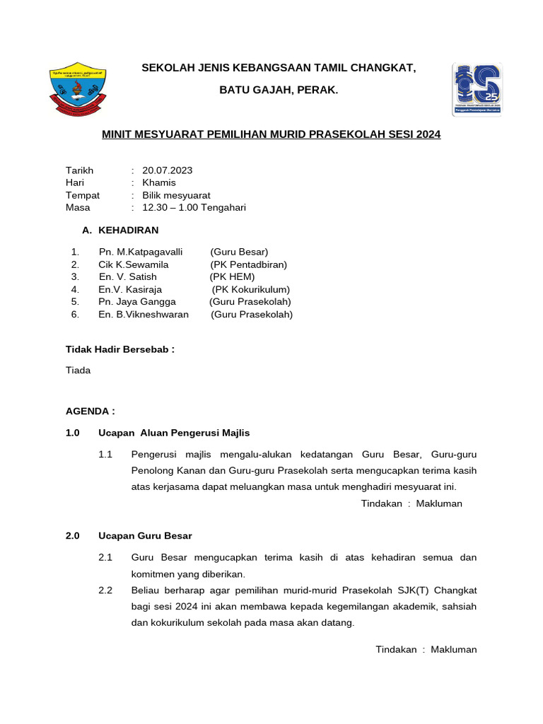 MINIT MESYUARAT PEMILIHAN MURID PRASEKOLAH SESI 2024 | PDF