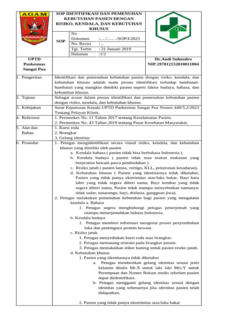 Sop Identifikasi Dan Pemenuhan Kebutuhan Pasien Dengan Risiko | PDF