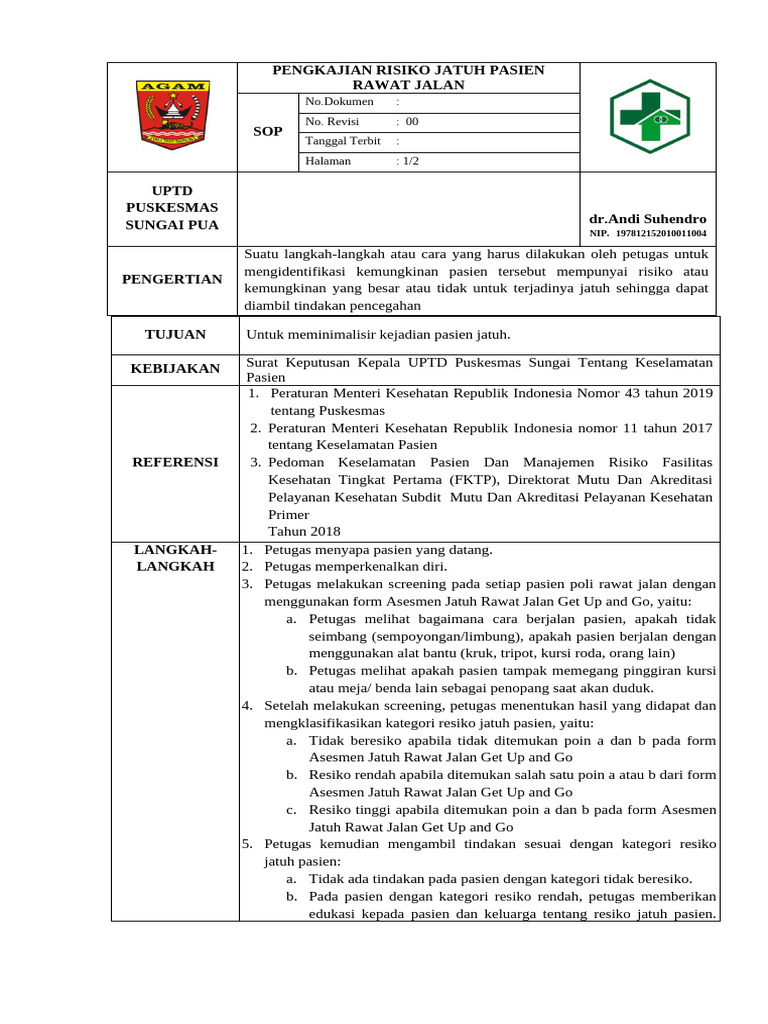 SOP PENGKAJIAN RISIKO JATUH PASIEN RAWAT JALAN S.Pua | PDF