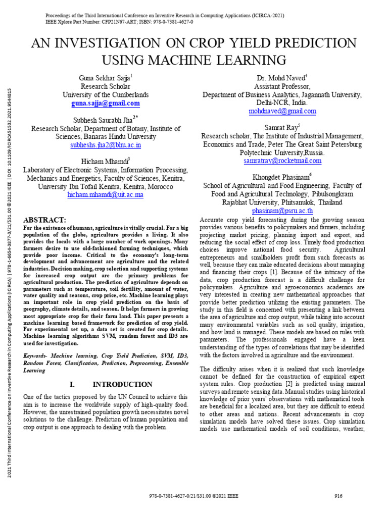 An Investigation On Crop Yield Prediction Using Machine Learning | PDF ...