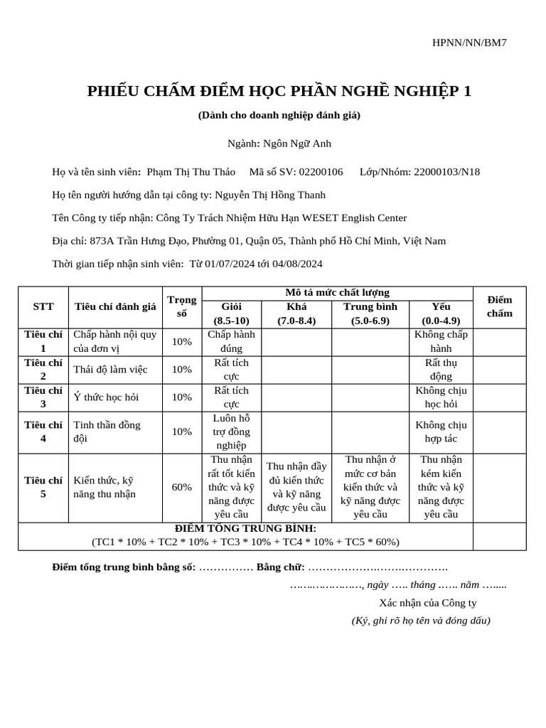 Phieu Cham Diem | PDF