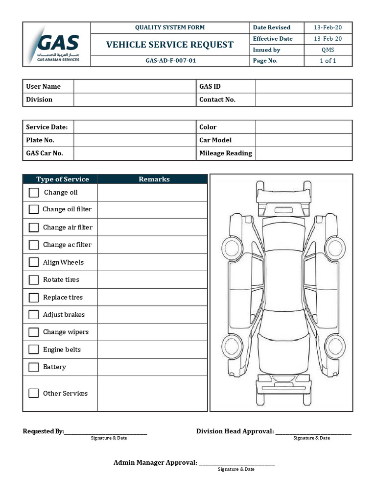 Vehicle Service Request Form Template | PDF