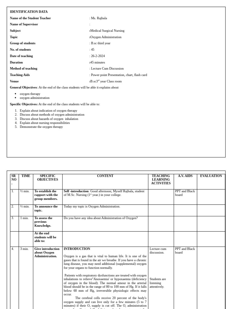 Oxygen Lesson Plan | PDF | Oxygen | Clinical Medicine