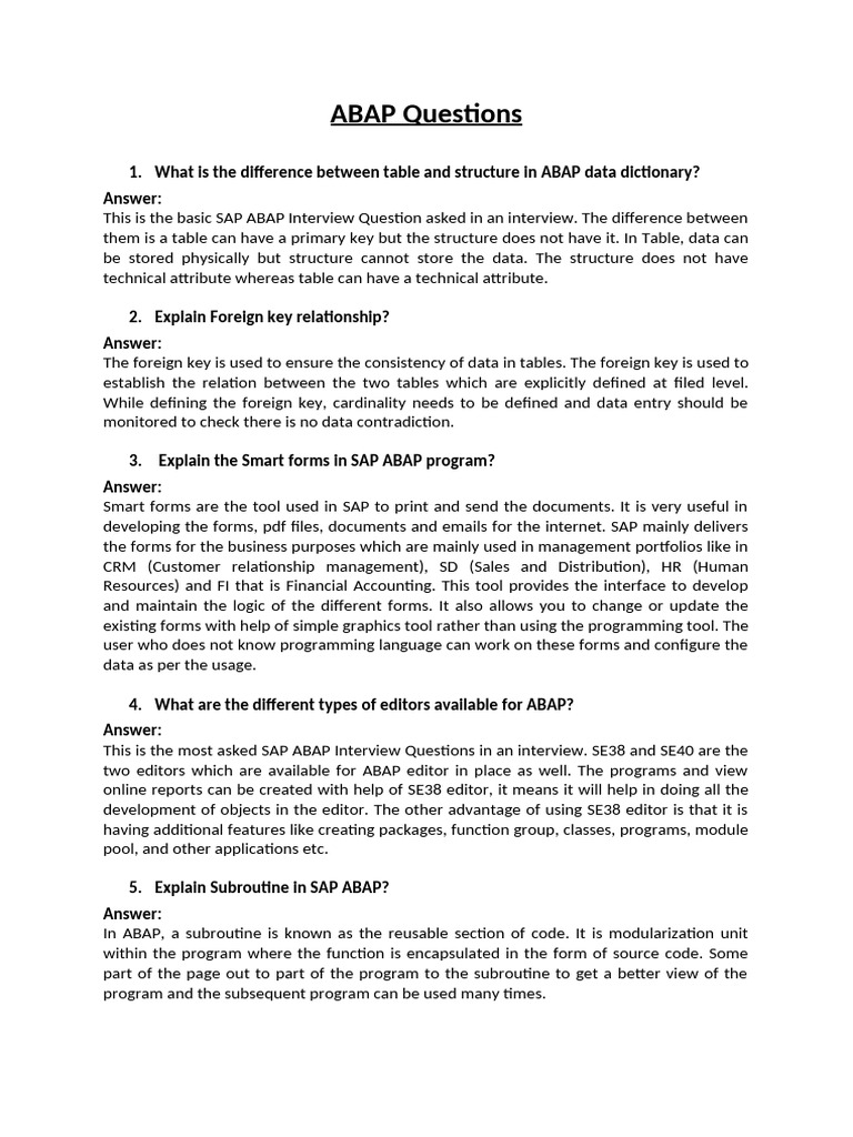 ABAP Questions | PDF | Databases | Parameter (Computer Programming)