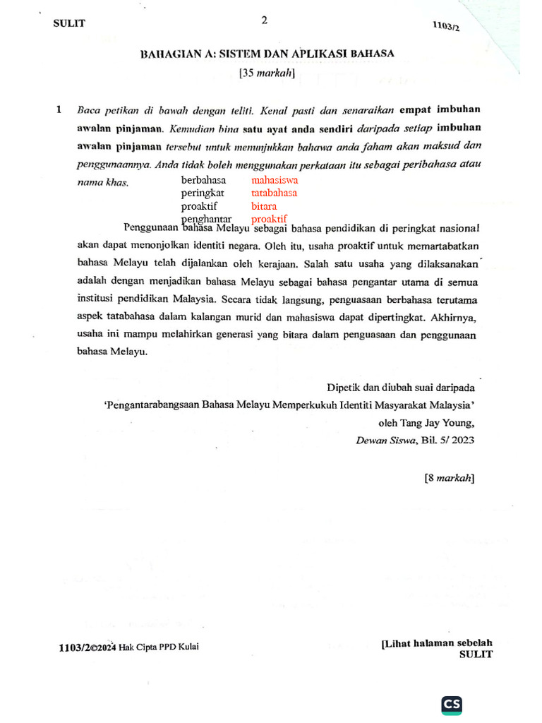 Trial K2 BM SPM 2024 - Johor - Kulai | PDF