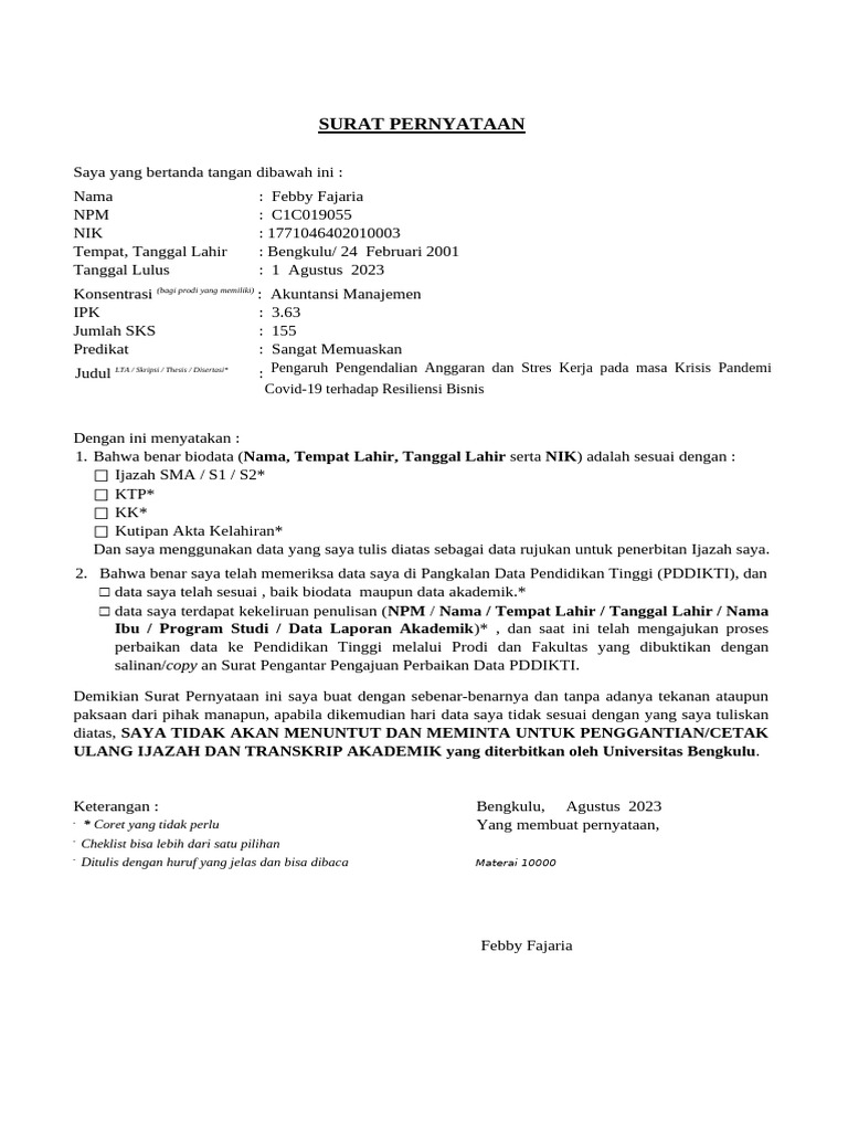 Surat PERNYATAAN PERBAIKAN PDDIKTI SAYANG AKU | PDF