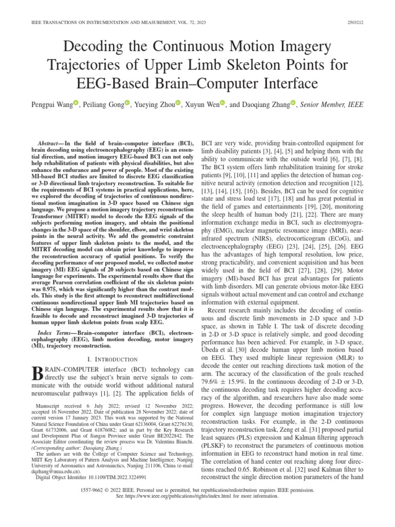 Decoding The Continuous Motion Imagery Trajectories of Upper Limb Skeleton Points For EEG-Based ...