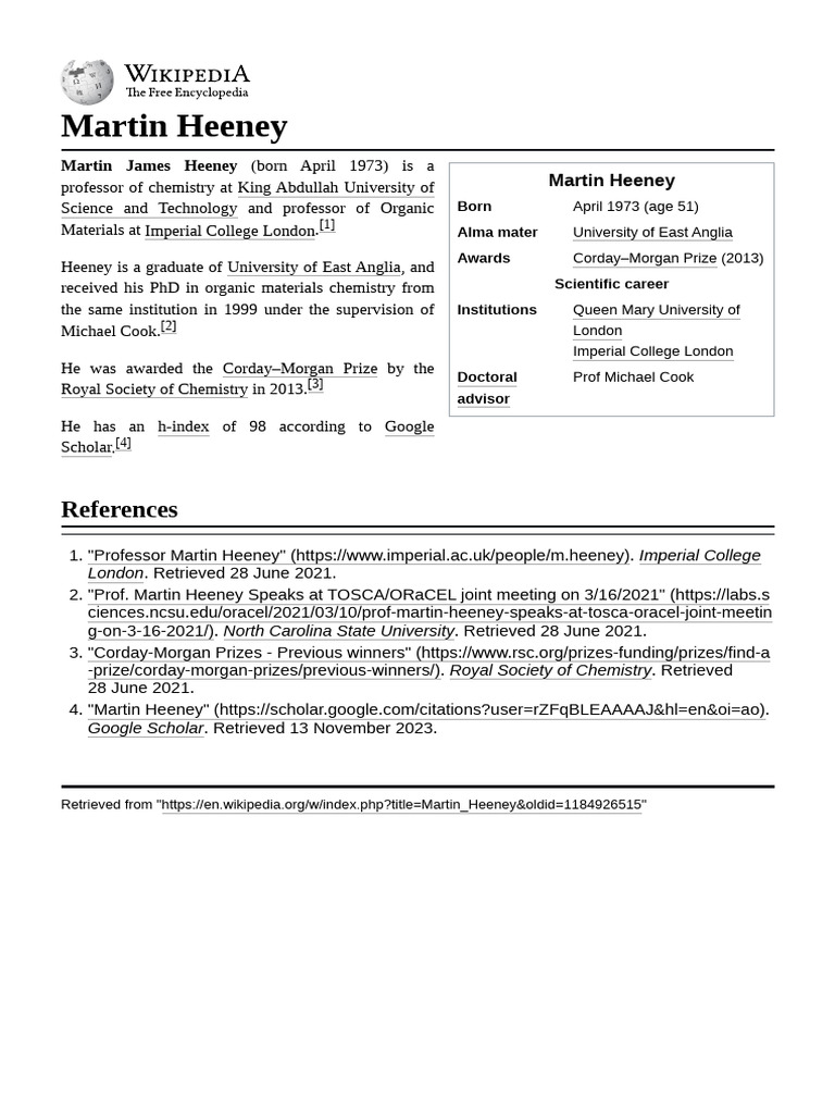 Martin Heeney: Chemistry Professor & Award Winner | PDF