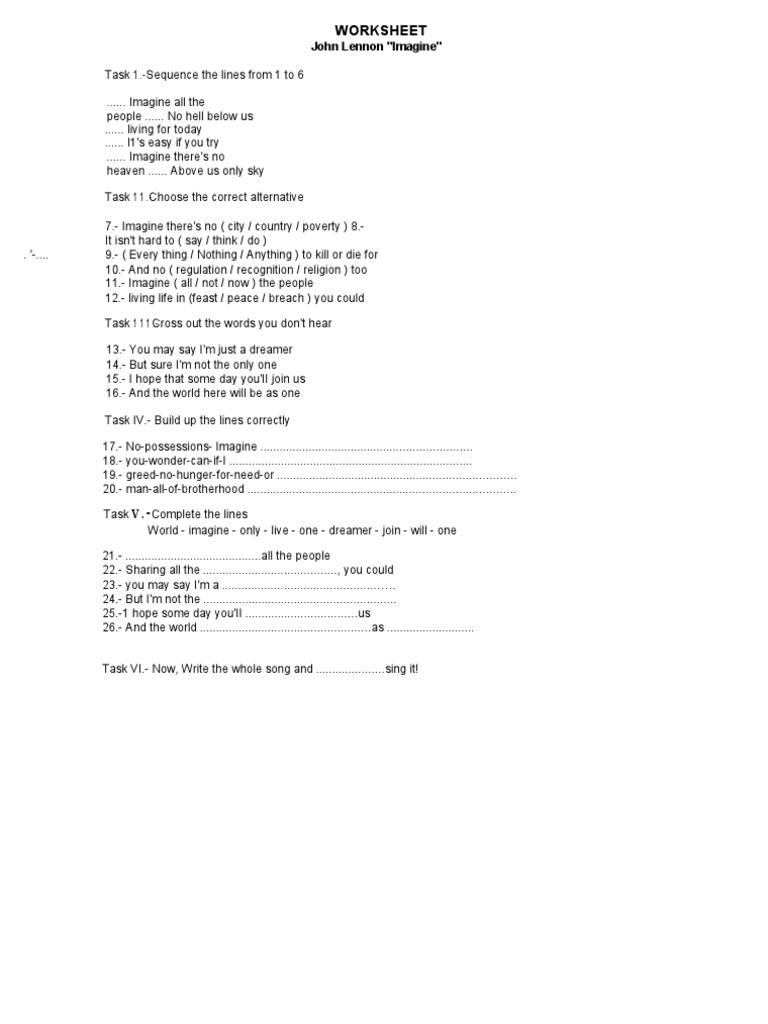 Worksheet: John Lennon "Imagine" | PDF | Language Arts & Discipline