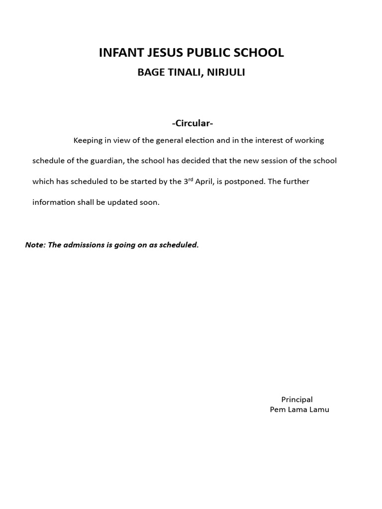 Infant Jesus School Session Postponed | PDF