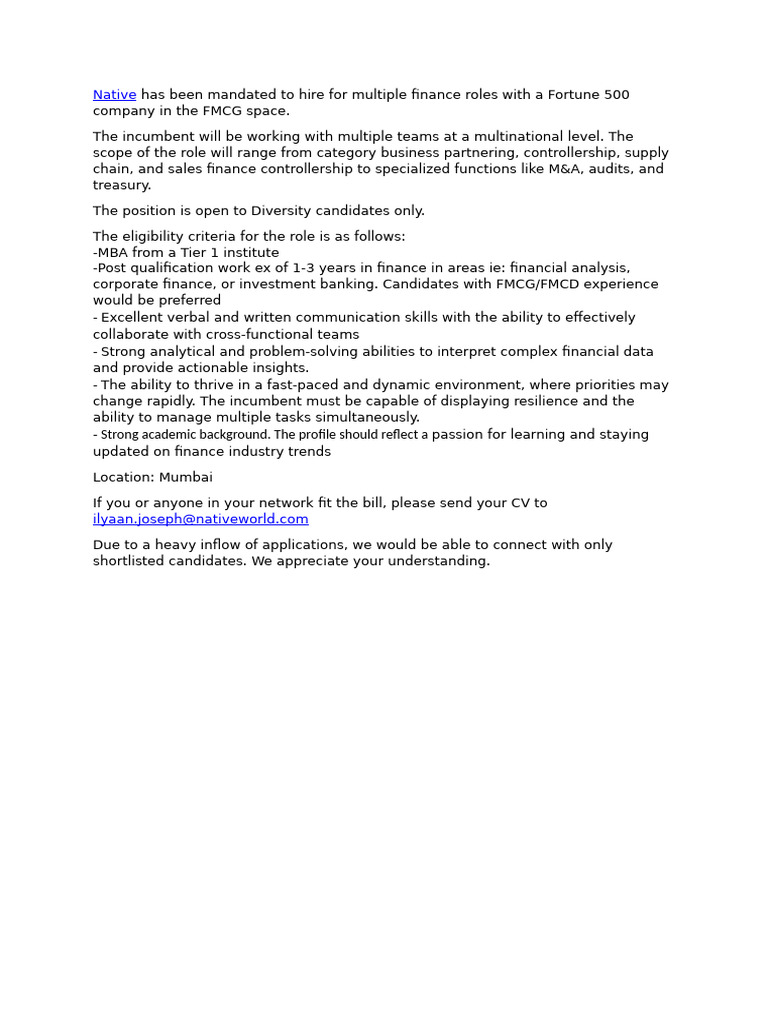 Finance Roles for Diversity Candidates in FMCG | PDF